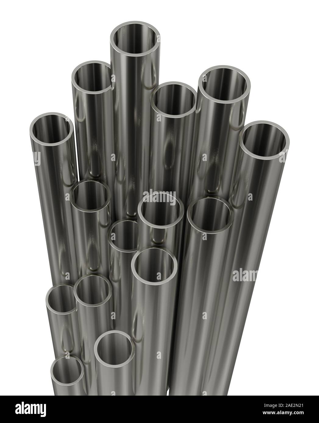 Steel pipes of isolated on white background. Glossy 3d rendering steel ...