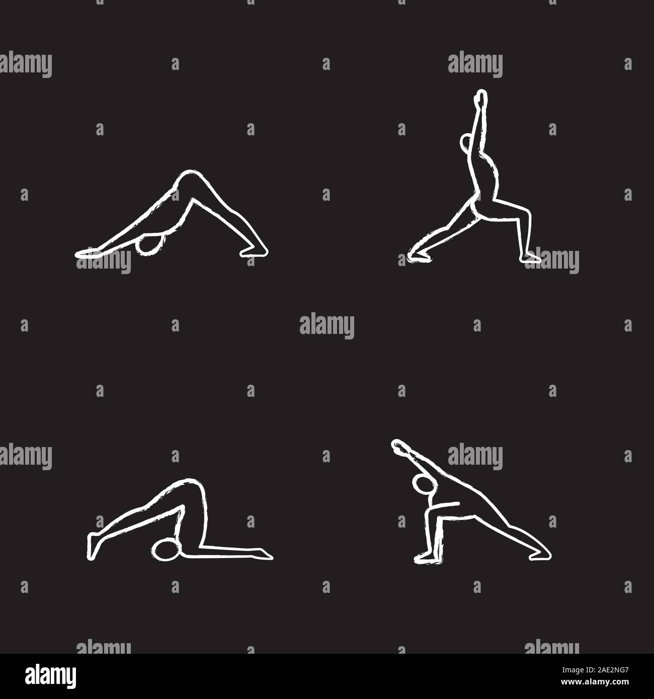 Yoga asanas chalk icons set. Halasana, adho mukha svanasana ...