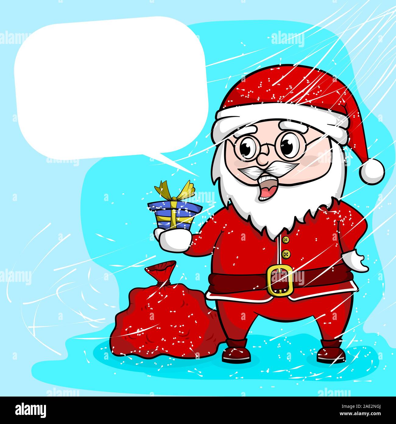 Santa Claus holds a blue gift box and puts the bag on the ground. Snow ...