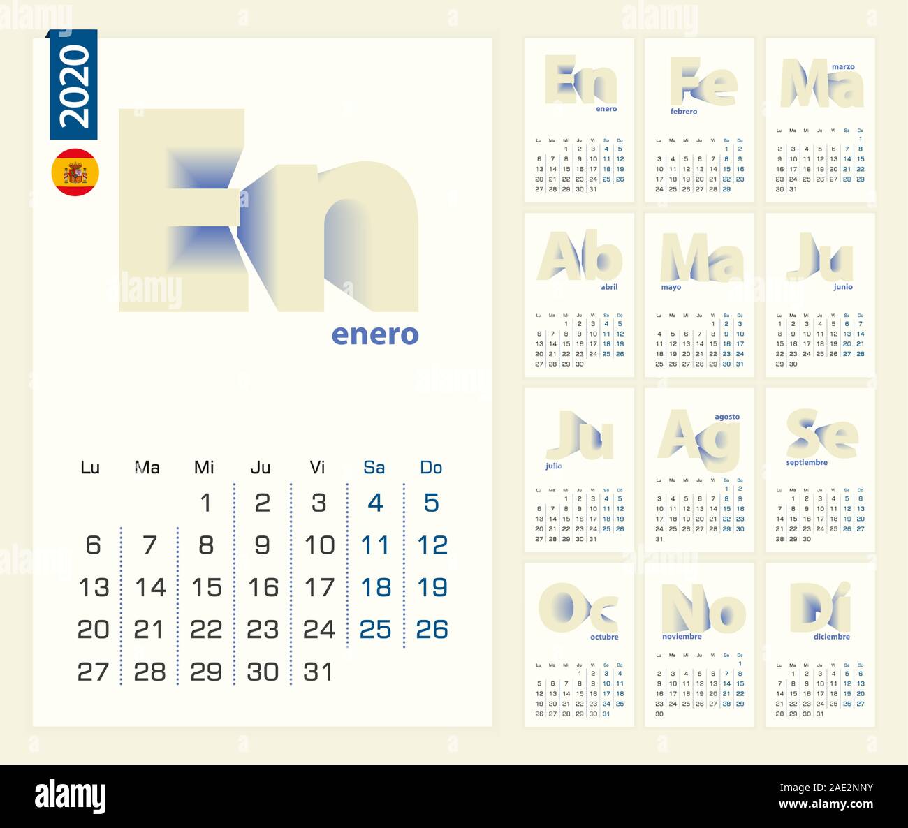 Calendar 2020 template in Spanish language, minimalist calendar set for ...