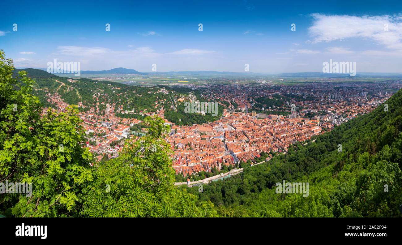 Panoramic view of Brasov city in Transylvania, Romania, on a perfect ...