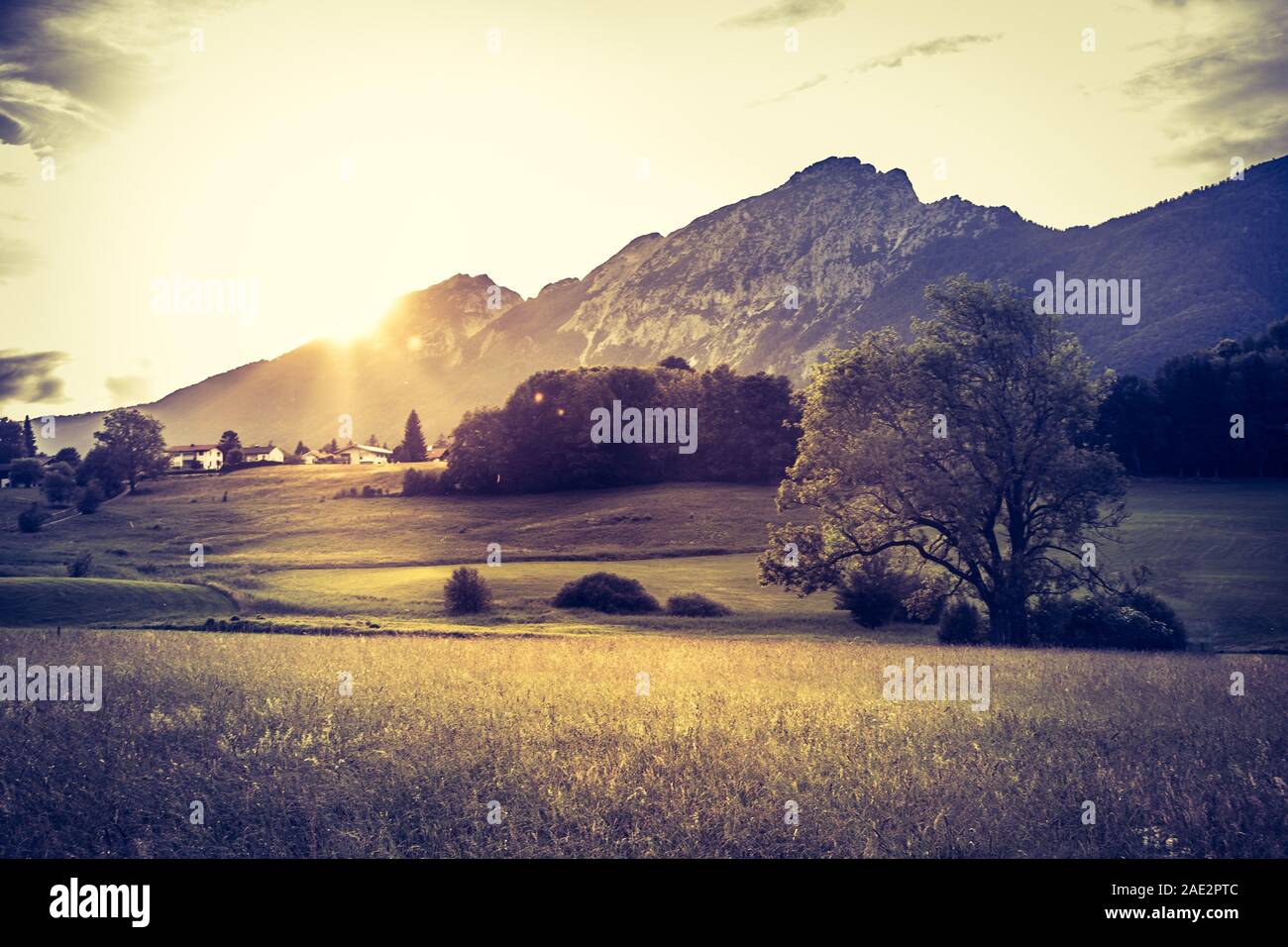 Landscape evening scenery with meadow and mountains. Germany Stock ...