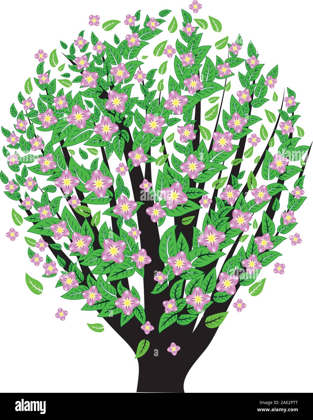 Abstract bush silhouette with green leaves and pink blossom Stock ...