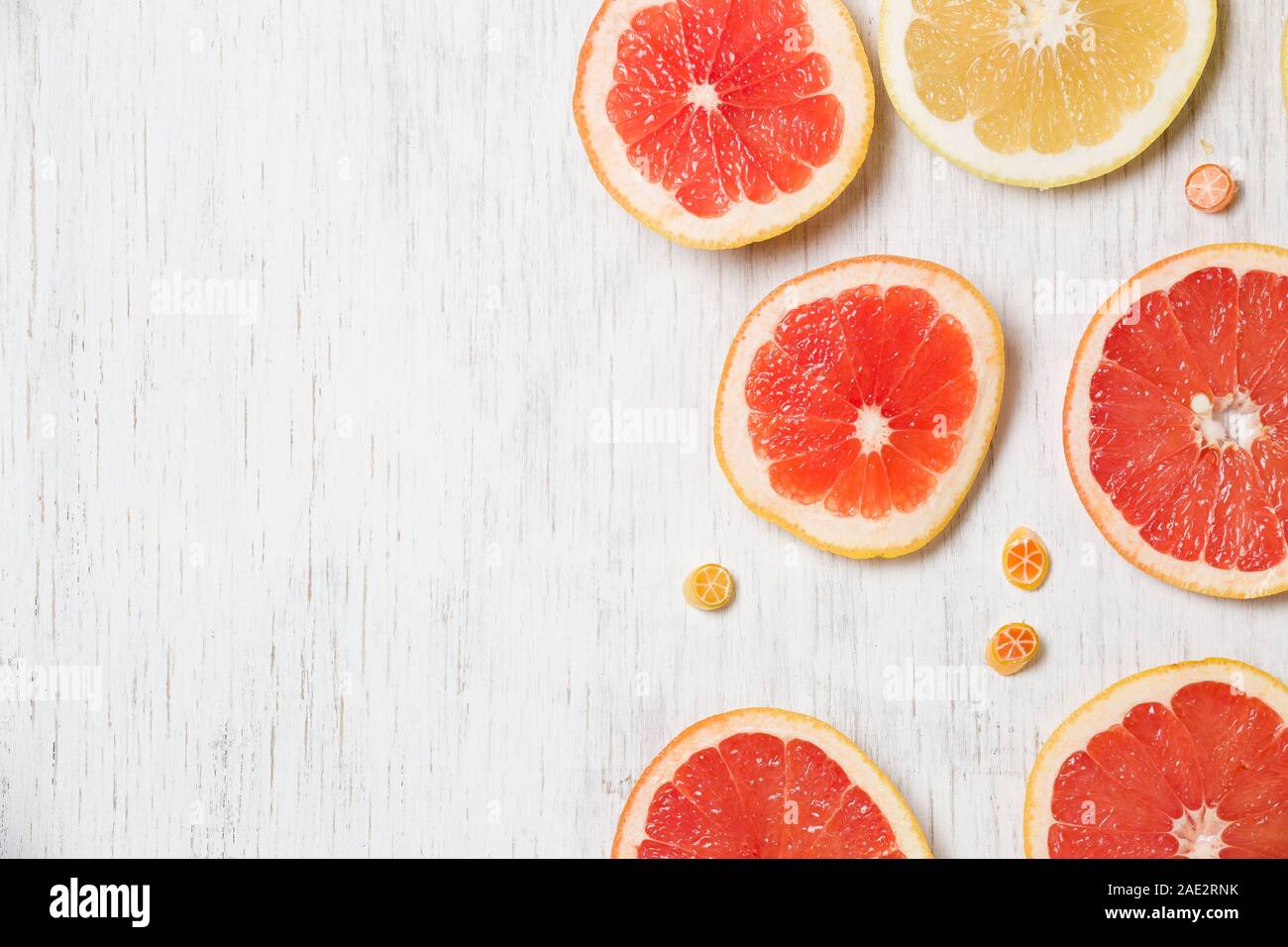 Top view on cut red and yellow grapefruit. Fresh organic citrus on ...