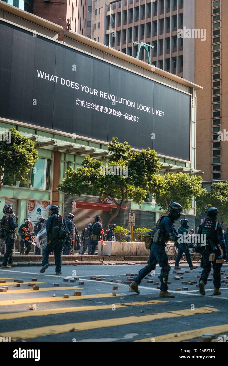 HongKong - November, 2019: Riot police removing bricks and barricades ...