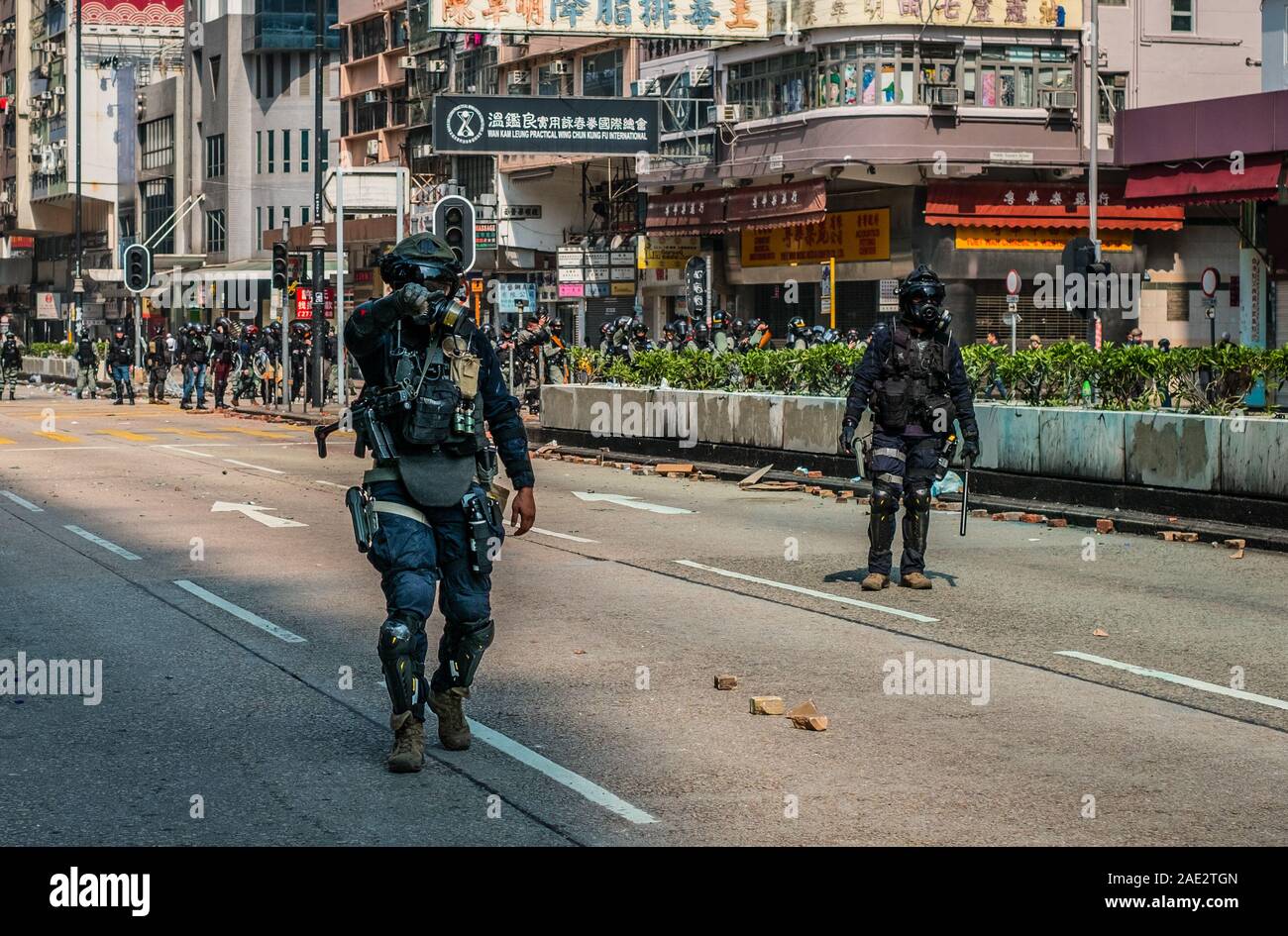 HongKong - November, 2019: Riot police removing bricks and barricades ...