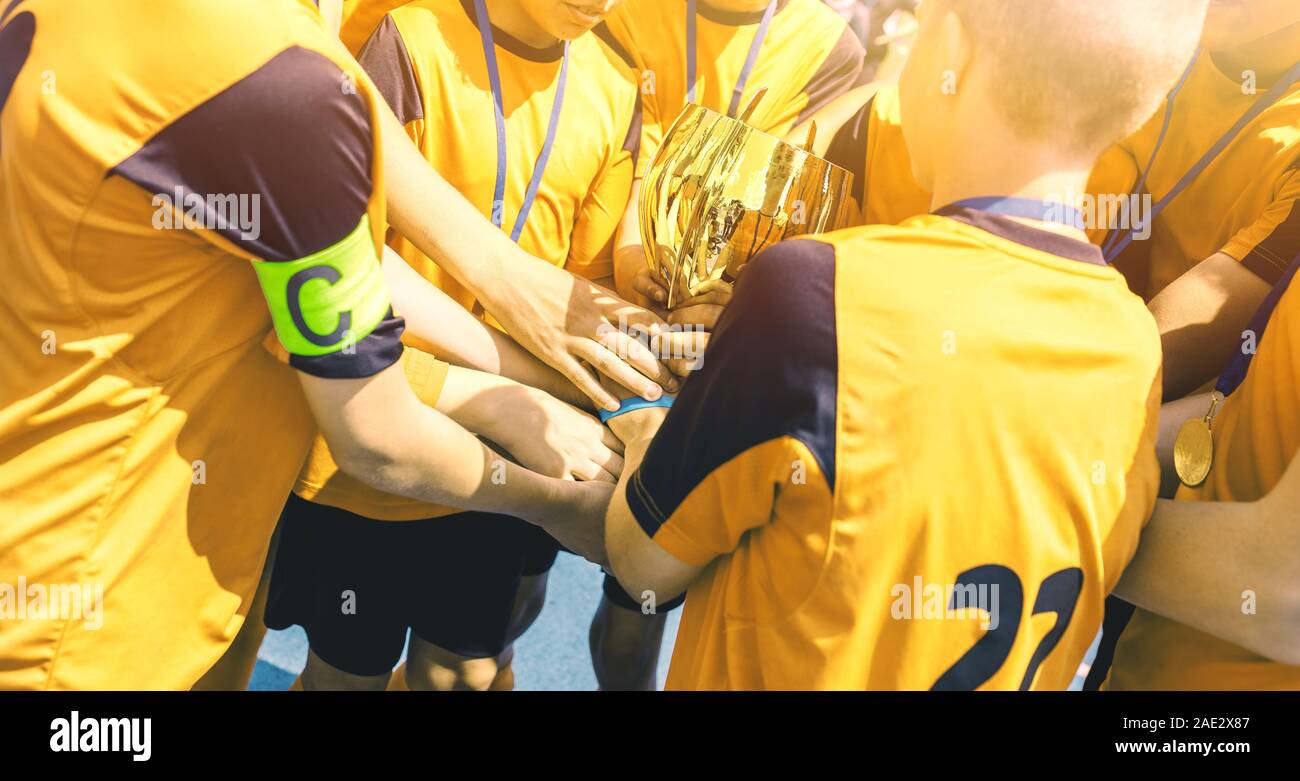 Happy Sports Team. Kids In Elementary School Sports Team Raising Golden ...
