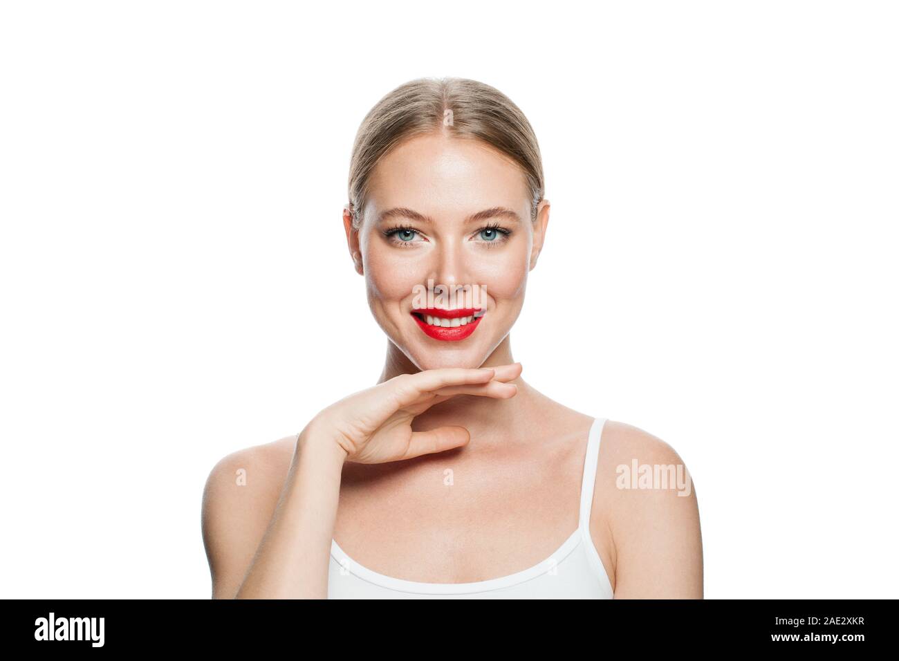 Healthy model woman with clear skin isolated on white background Stock ...
