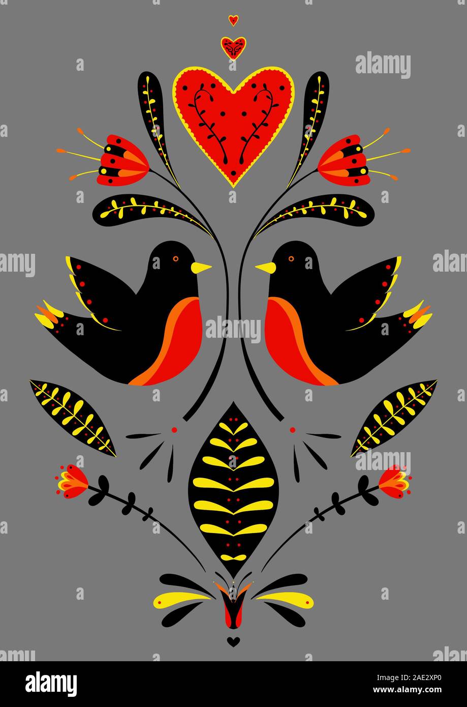 A poster, graphic, illustration with birds, heart, leaves, and flowers ...