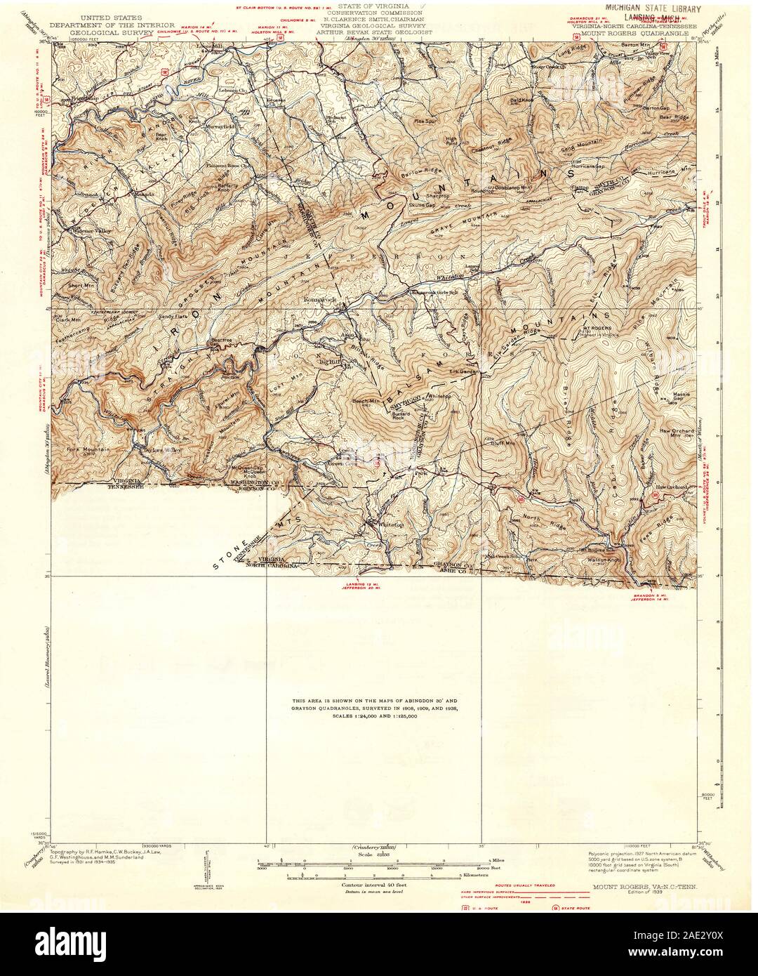 USGS TOPO Map Tennessee VA Mount Rogers 188380 1939 62500 Restoration ...