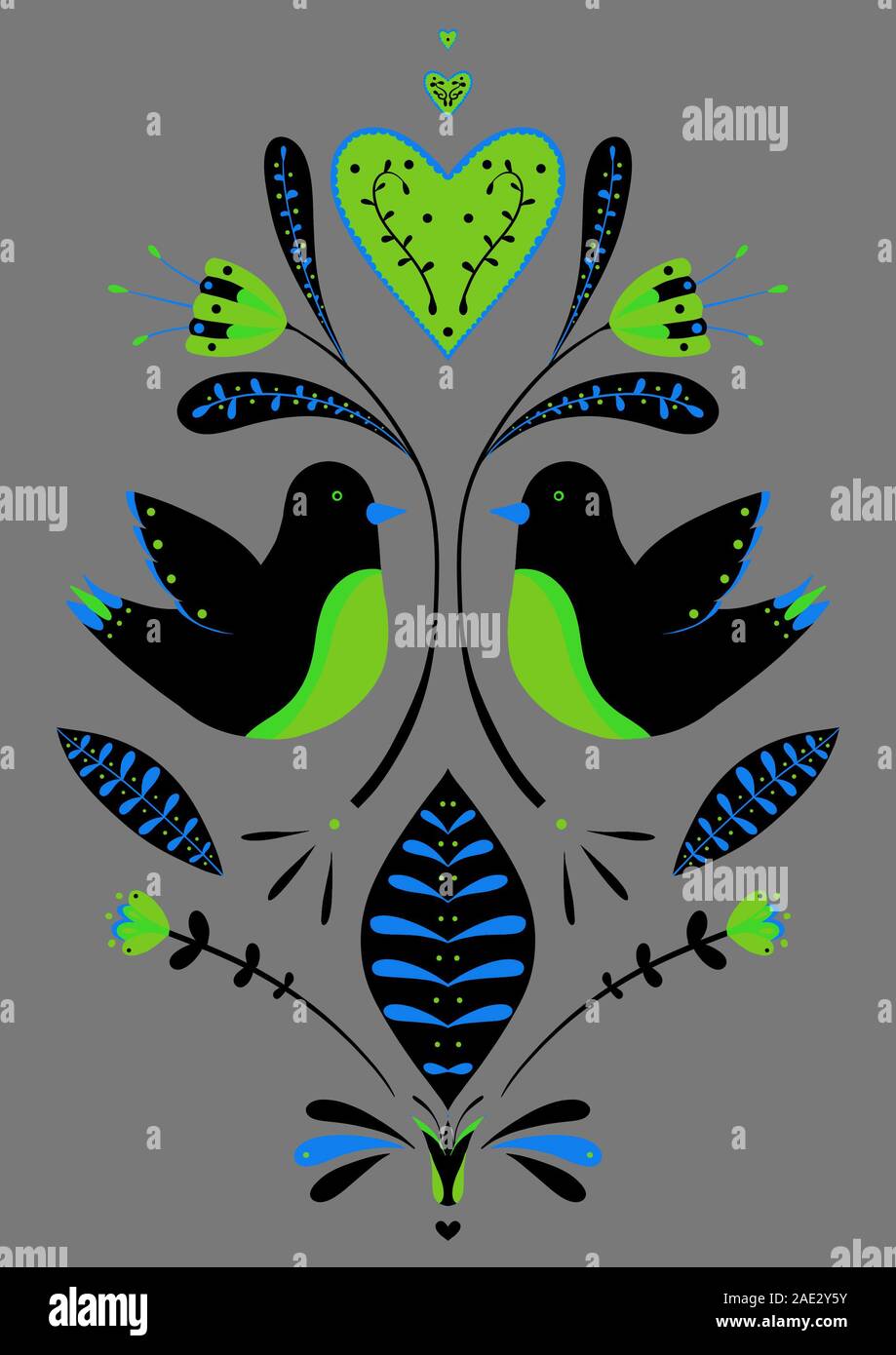 A poster, graphic, illustration with birds, heart, leaves, and flowers ...