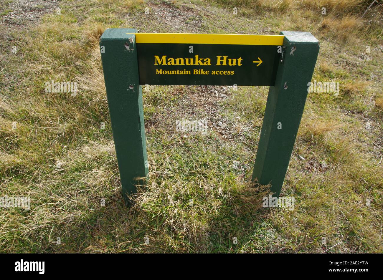 Manuka hut sign. Hakatere Conservation Park. Te Araroa Trail. Lake ...