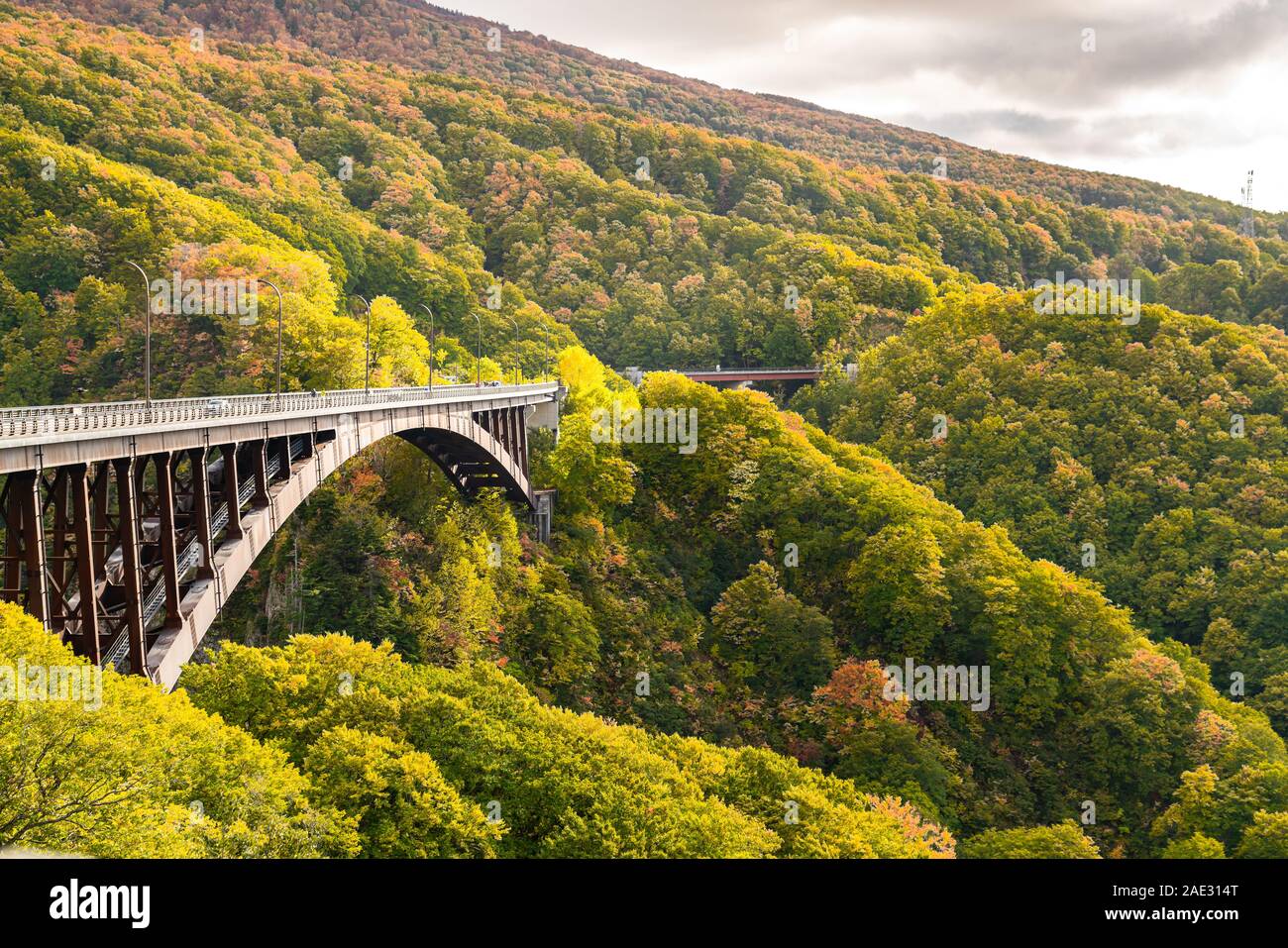 View of Jogakura Bridge with the beautiful mountain forest of autumn ...