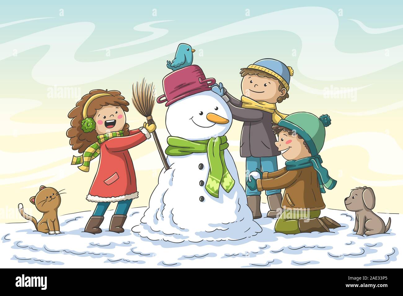 Three kids build a snowman. Hand drawn vector illustration with ...
