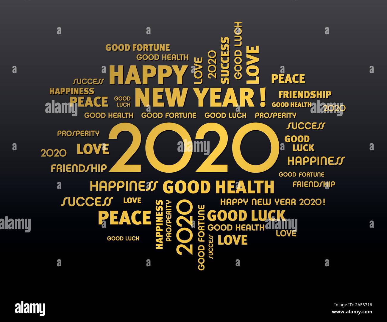 Gold greeting words around New Year date 2020, on black background ...