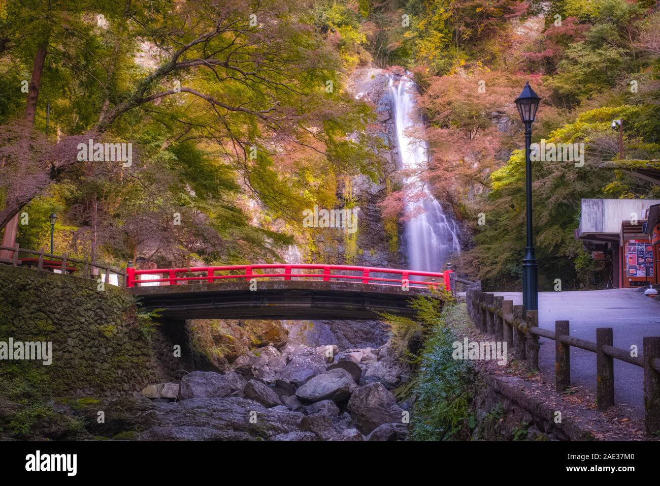 Minoo Waterfall in Colorful Autumn Season with Red Maple Leaf Fall ...
