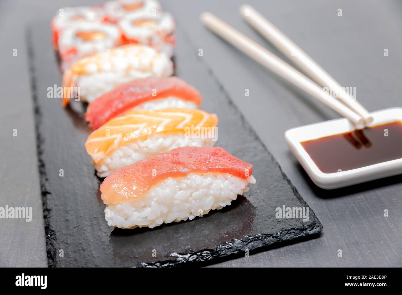 Sushi, a typical Japanese food prepared with a base of rice and various ...