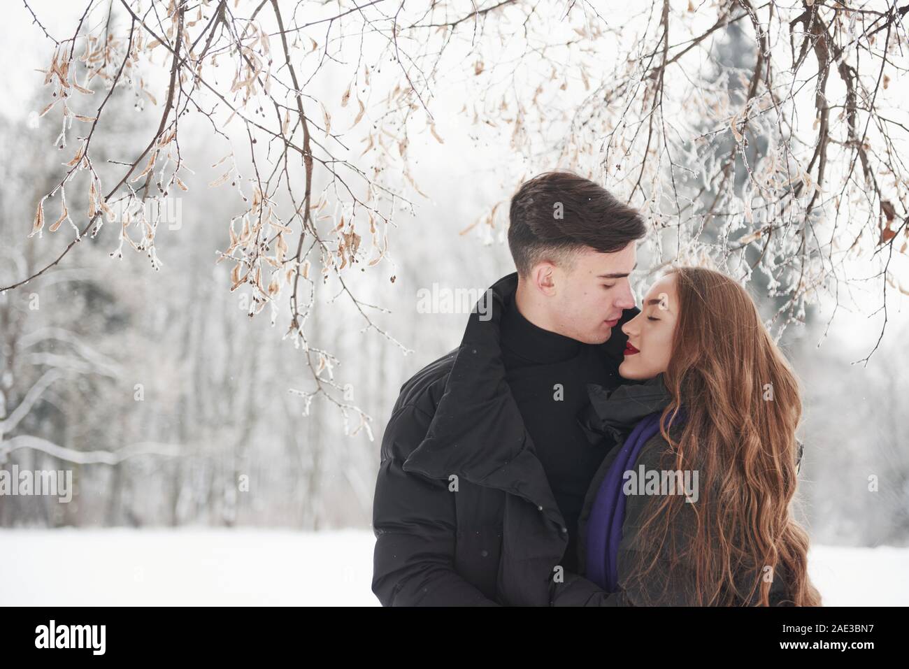 Under branches of tree. Gorgeous young couple have good time together ...
