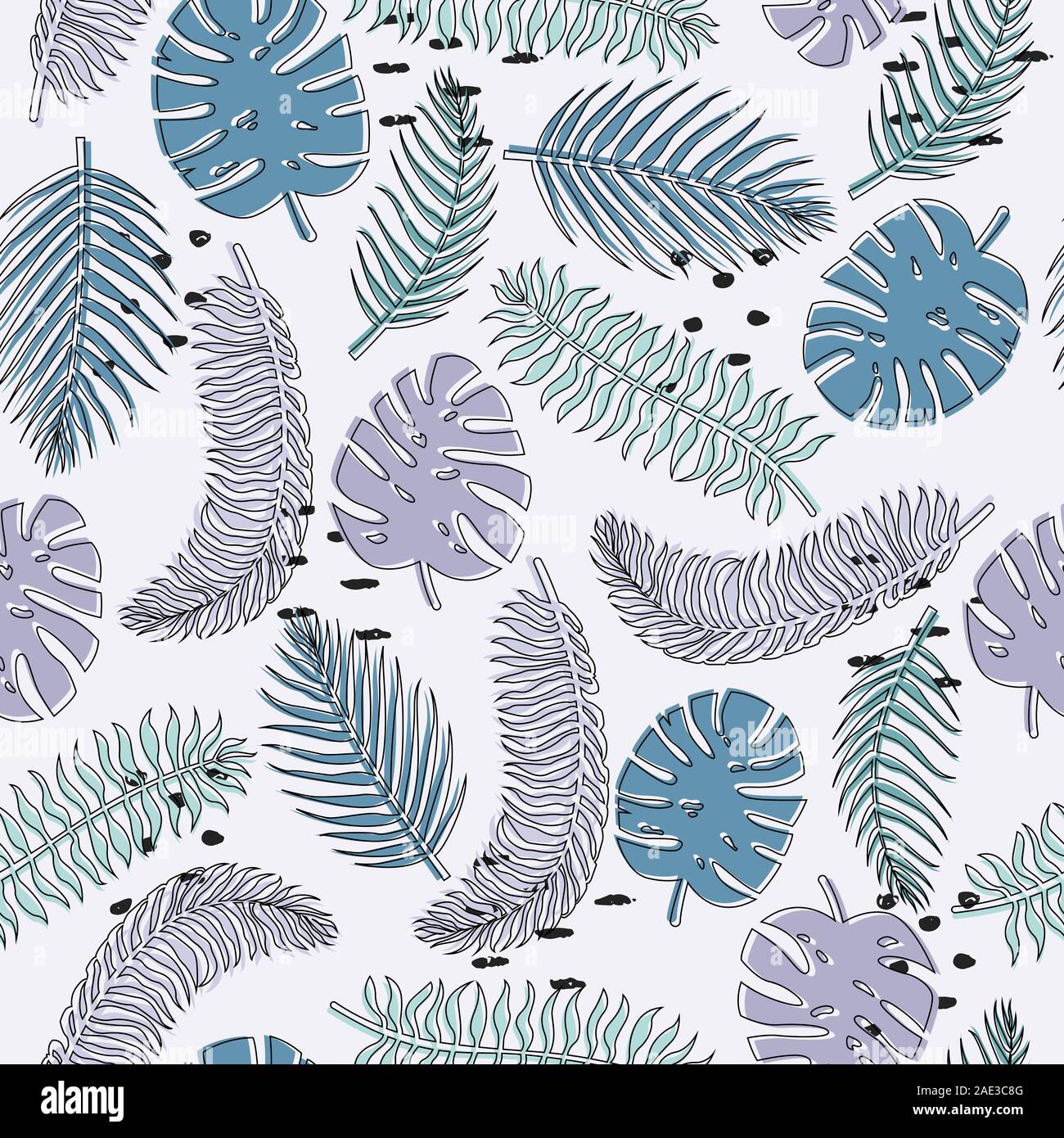 Seamless pattern with tropical leaves and hand-drawn blotches and ...