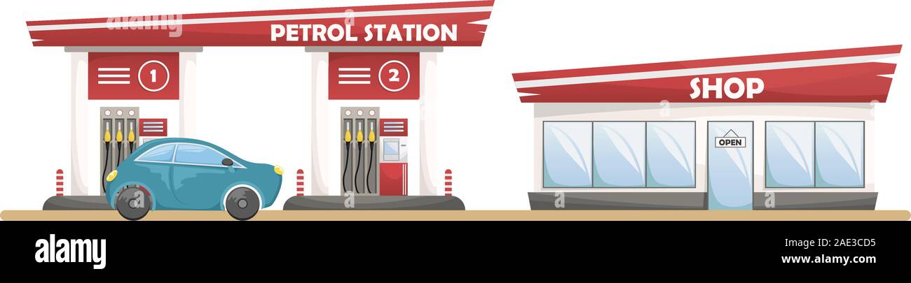 Vector illustration of a car filling station with a shop. Cars at the ...