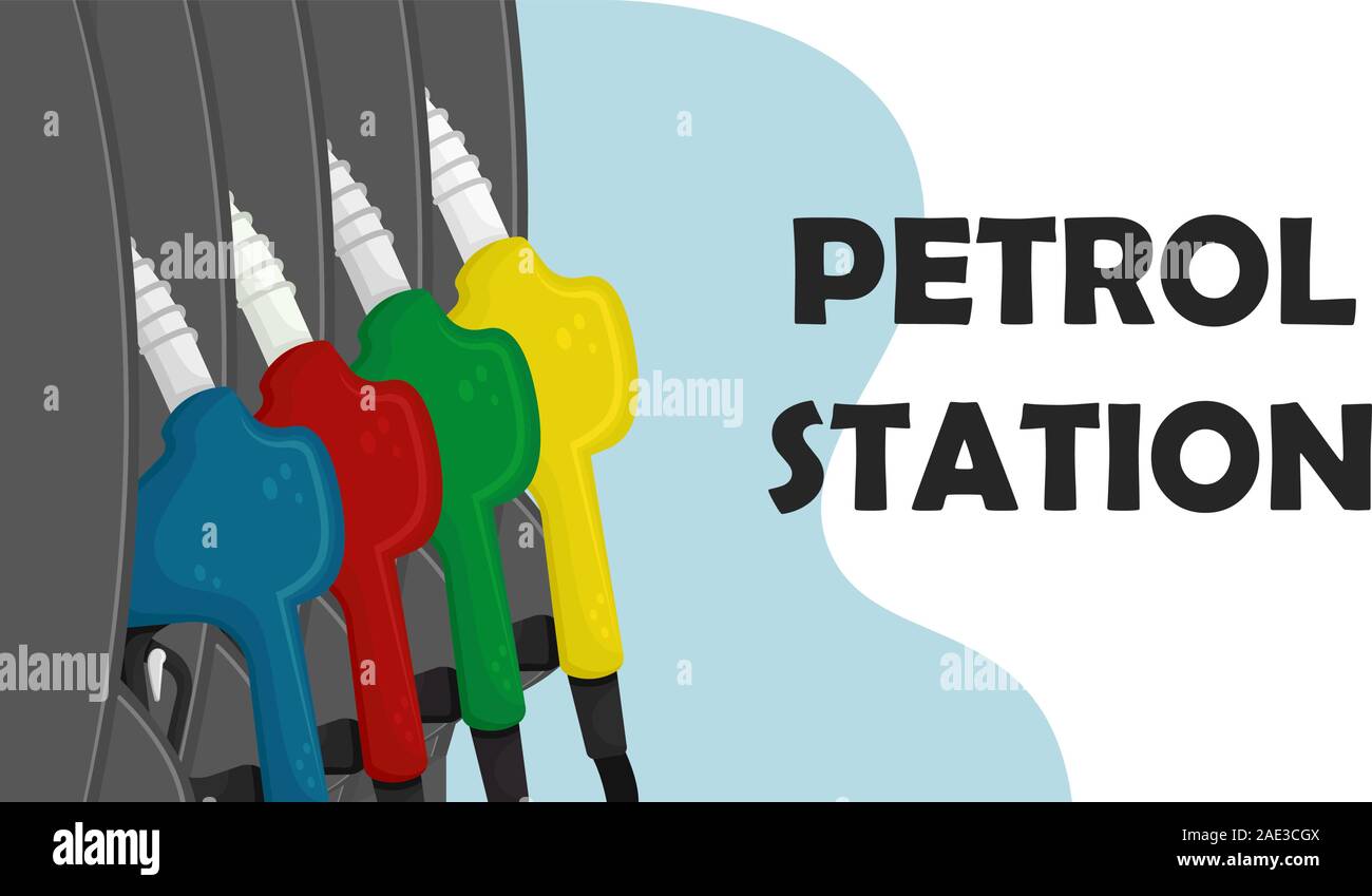 Vector isolated illustration with petrol guns in a petrol pump. Space ...