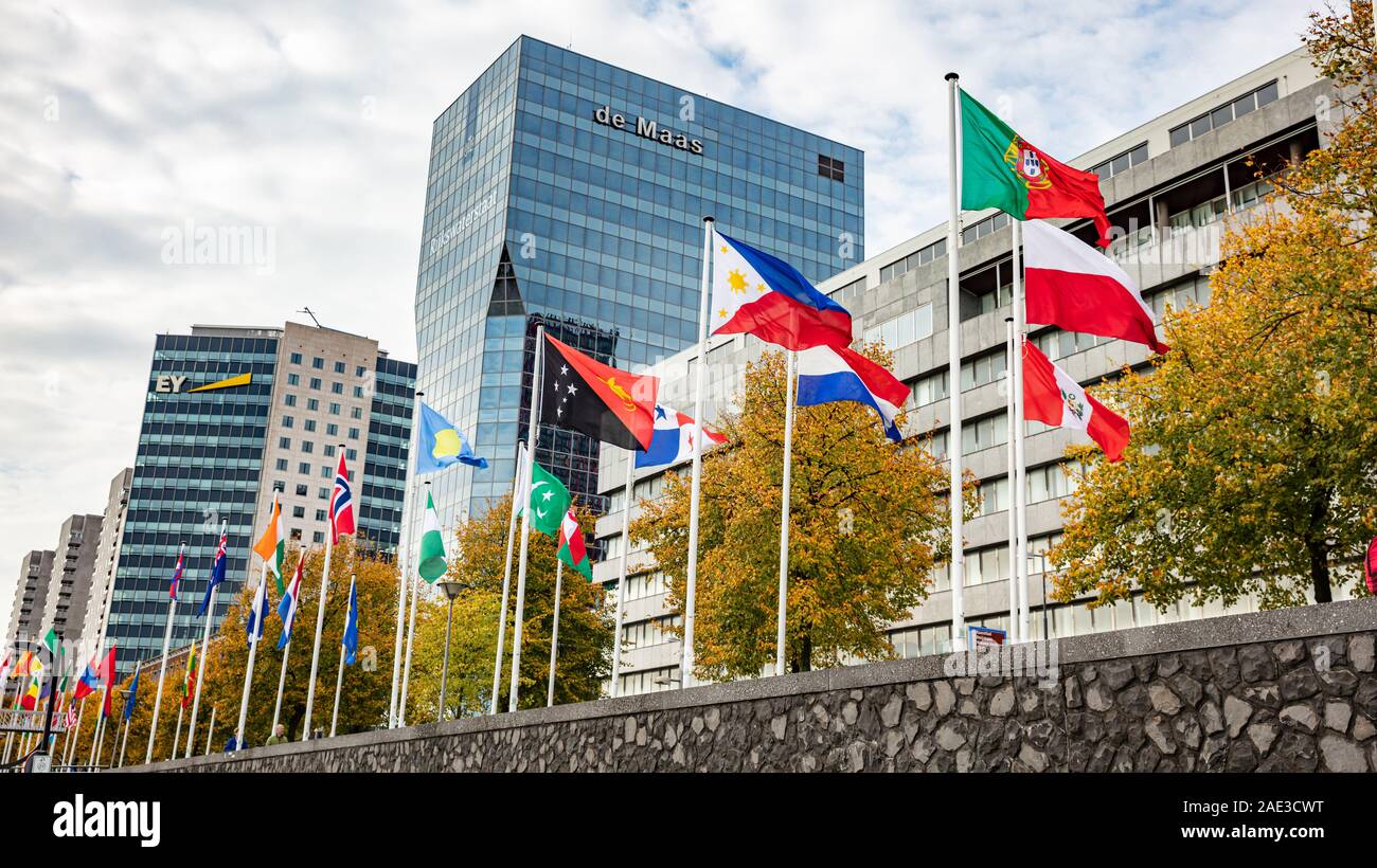 Rotterdam, Netherlands, October 13, 2019. Flag parade, Highrise ...