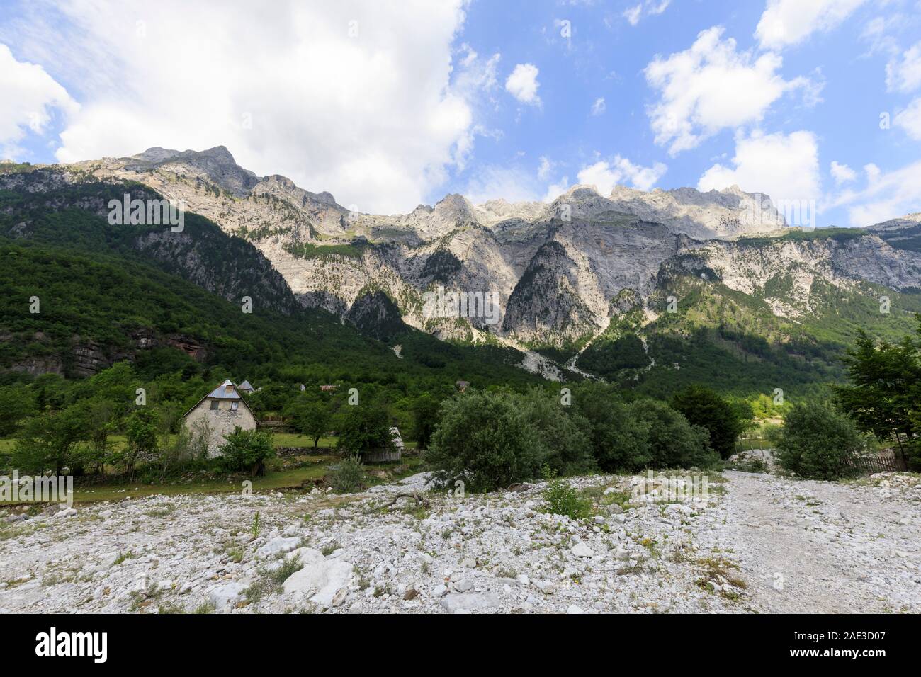 Valley of Theth with some old houses in the dinaric alps in Albania ...