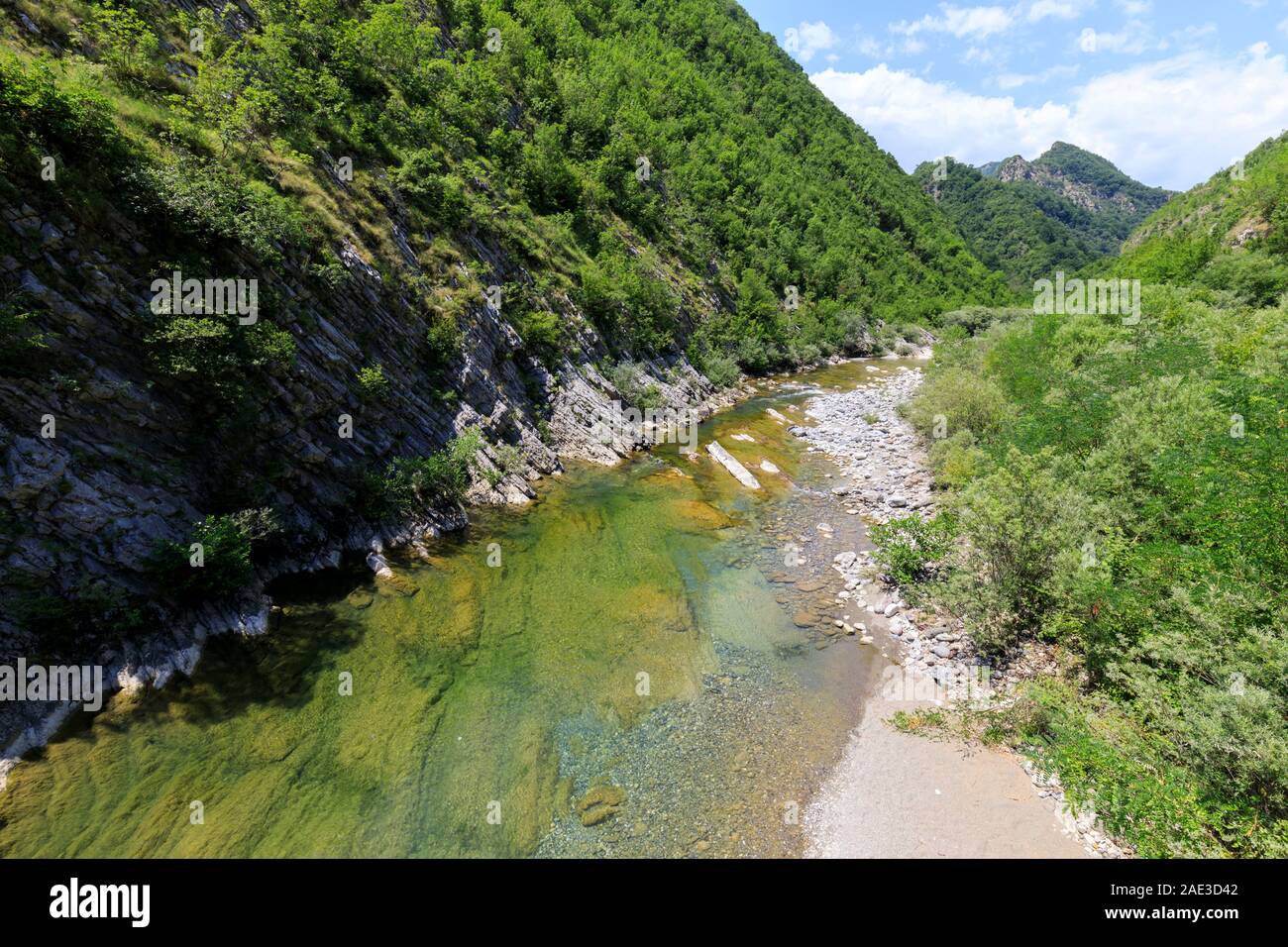 Mountainous landscape with green forests and clear rivers in the ...