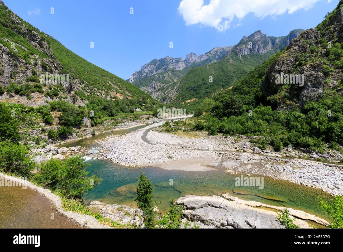 Mountainous landscape with green forests and clear rivers in the ...