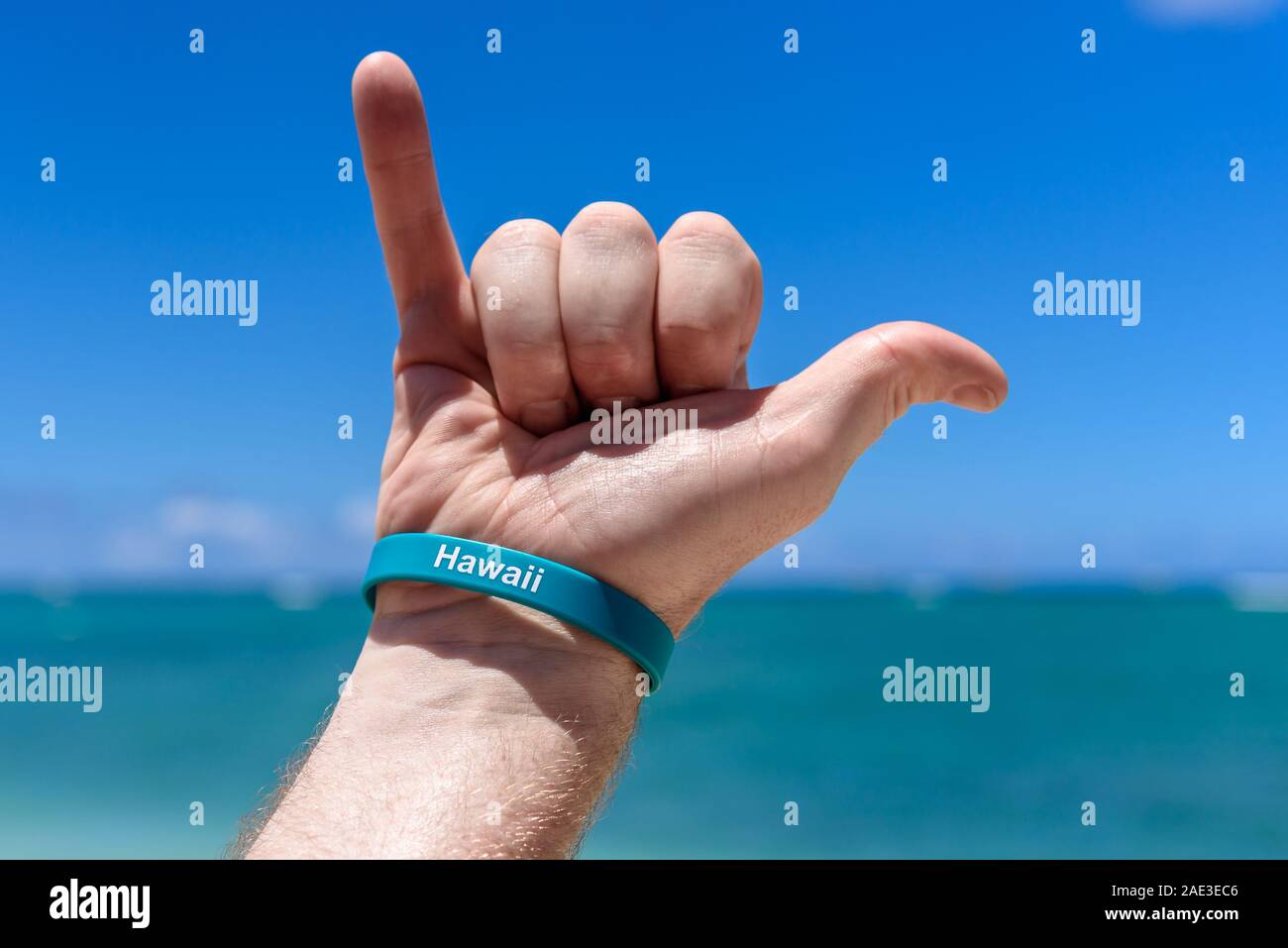 Hawaiian shaka sign. Hang Loose sign, being made with a blue sky and ...