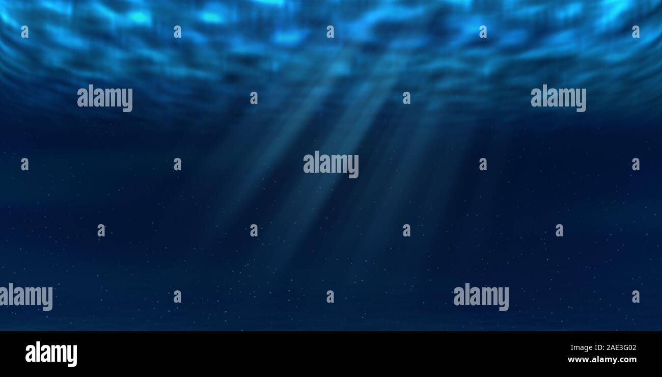Sun and sunbeams underwater shining through the ocean surface. Sea deep ...