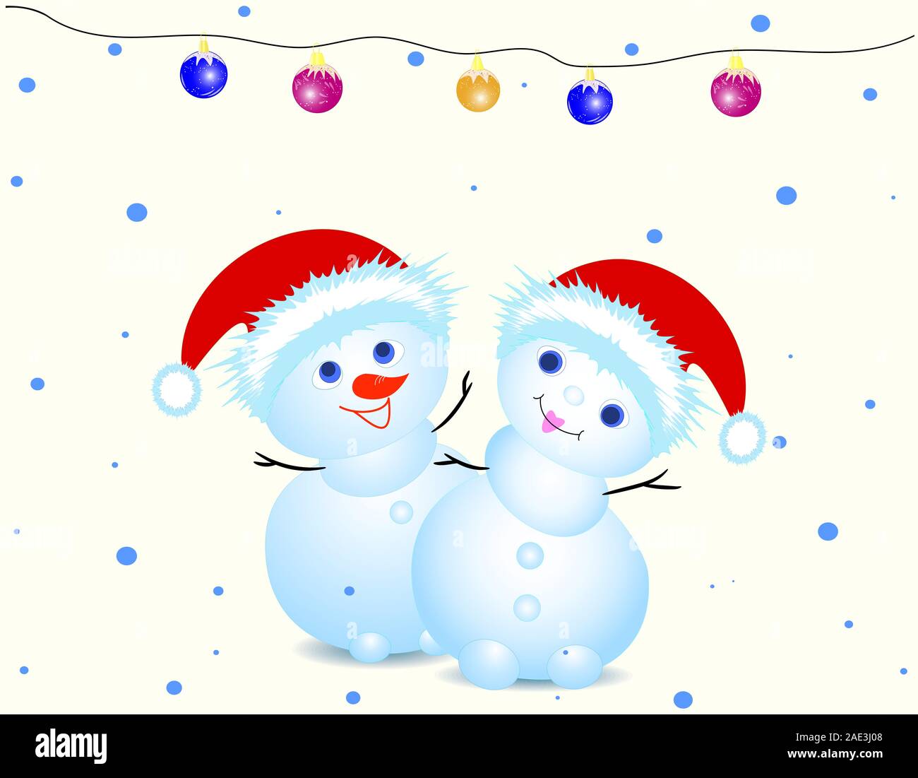 Christmas card . Snowman in a Christmas hat. Snowflakes and garlands of ...