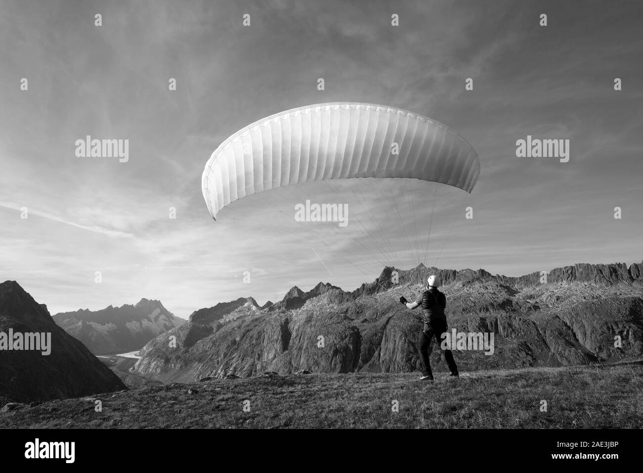 Young paraglider pilot exercises with his paraglider pulling up in the ...