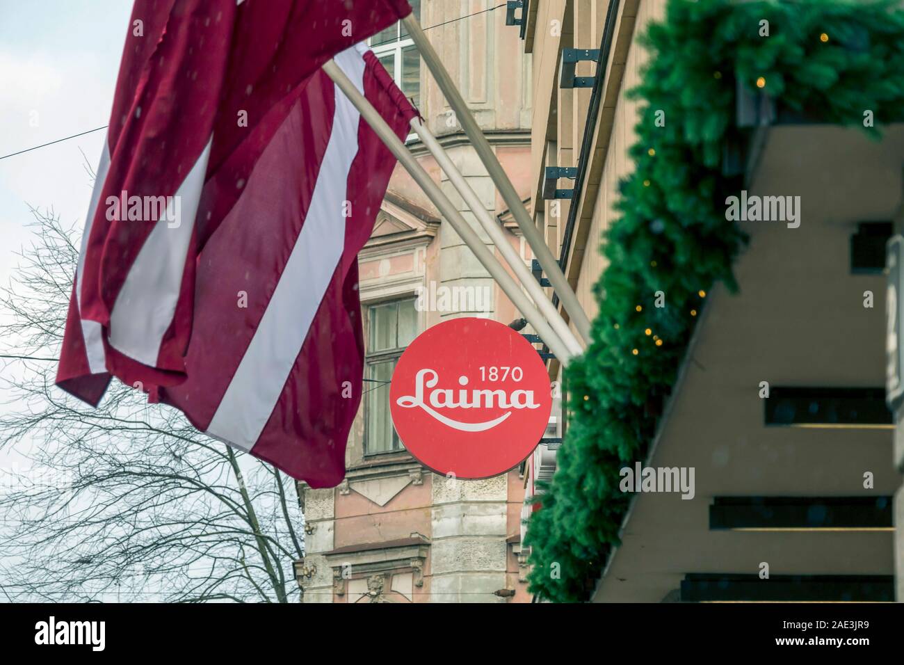 Riga, Latvia – November 30, 2019 : Signboard on the Laima chocolate ...