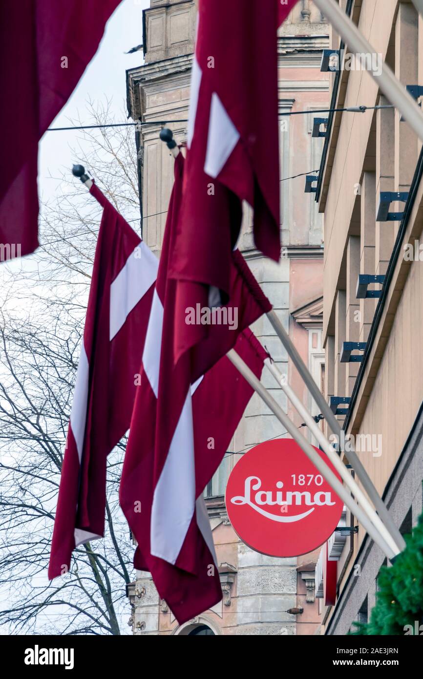 Riga, Latvia - November 30, 2019 : Signboard on the Laima chocolate ...