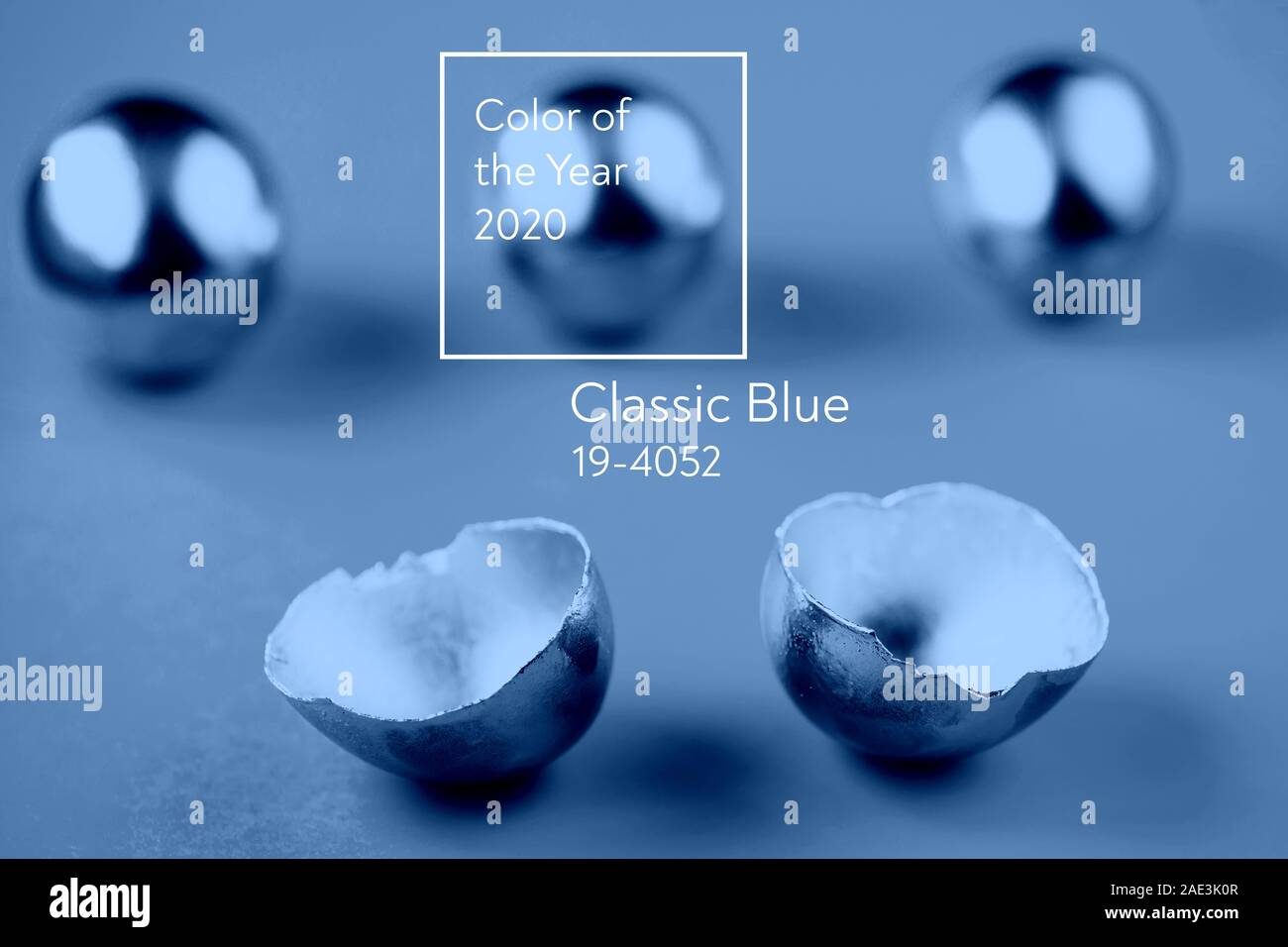 Classic Blue. Color of the Year 2020. silver eggs and shells on bright ...
