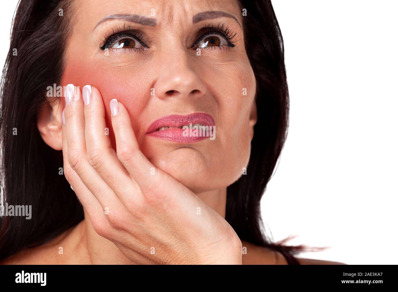 Beautiful woman suffering from toothache, closeup shot, white ...