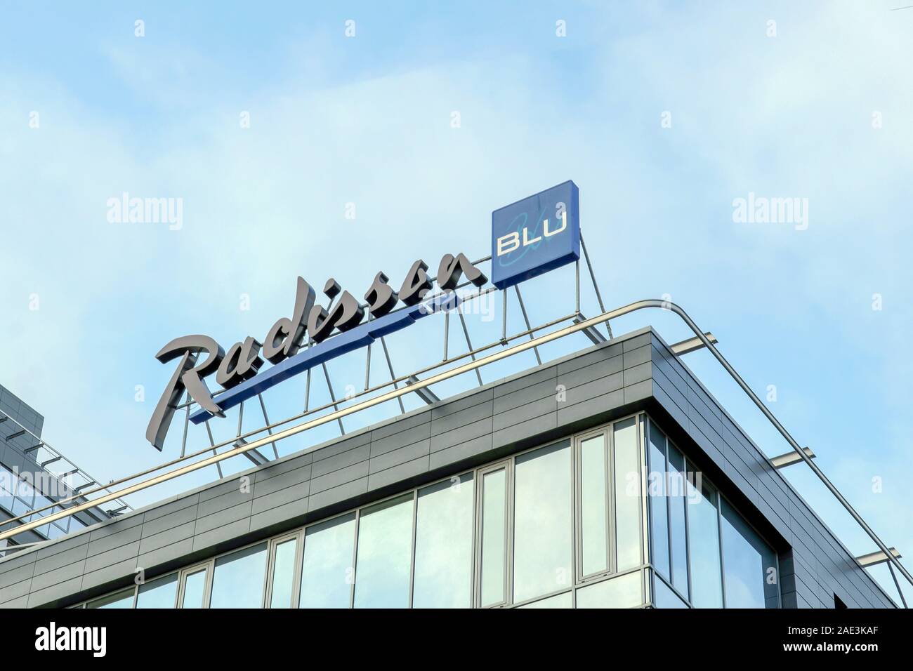 Riga, Latvia - November 30, 2019 : Radisson Blue sign board against ...