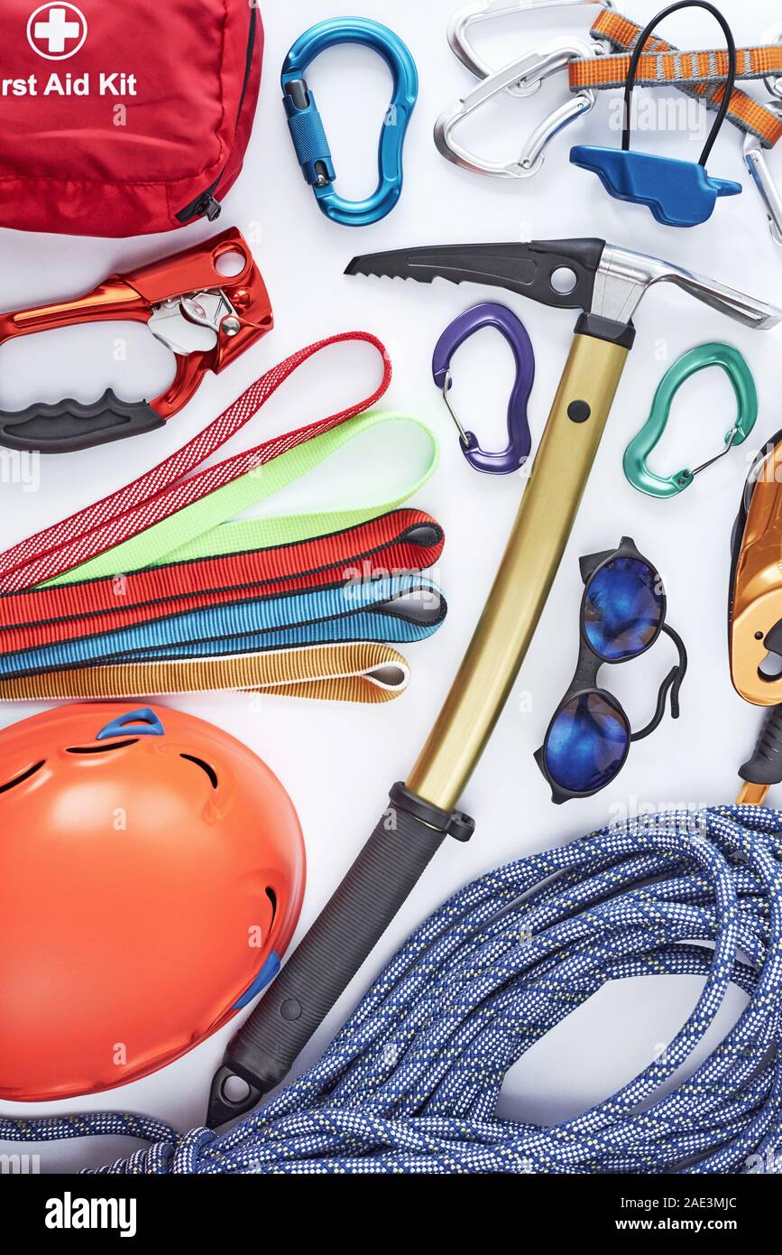 First aid kit in the corner of image. Top view. Climbing equipment for ...