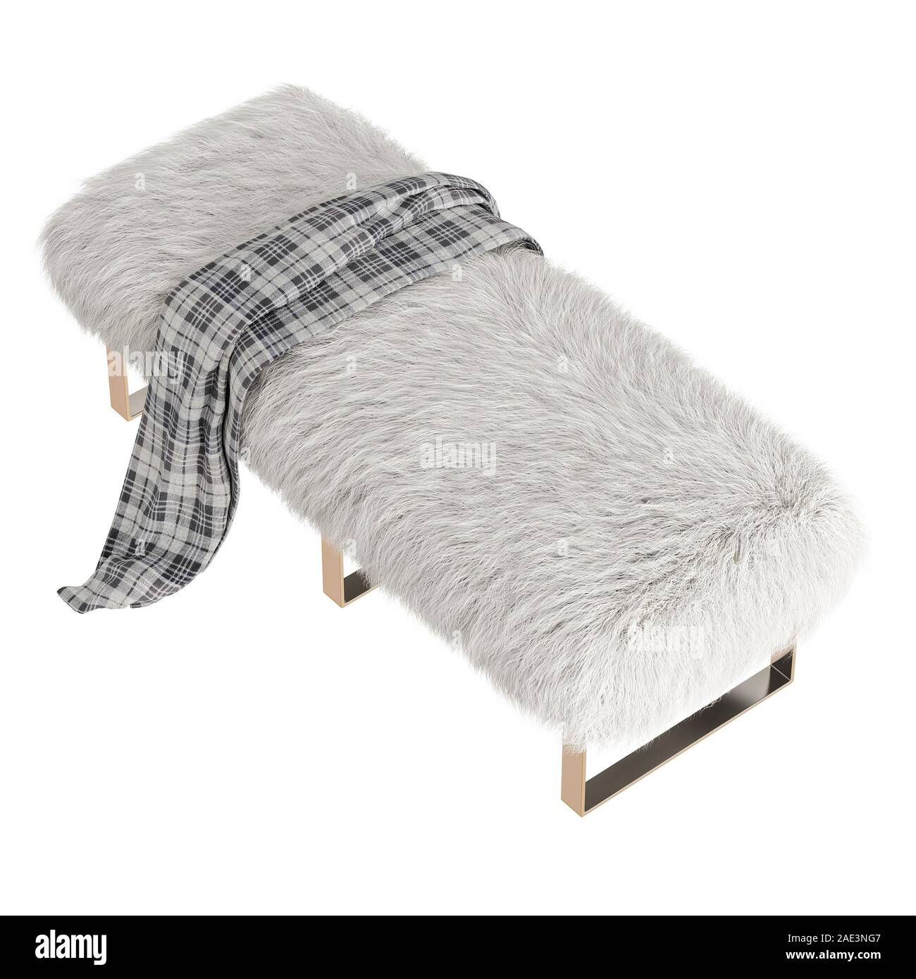 Beautiful white fluffy bench with a plaid made of wool on isolated white background. 3D ...