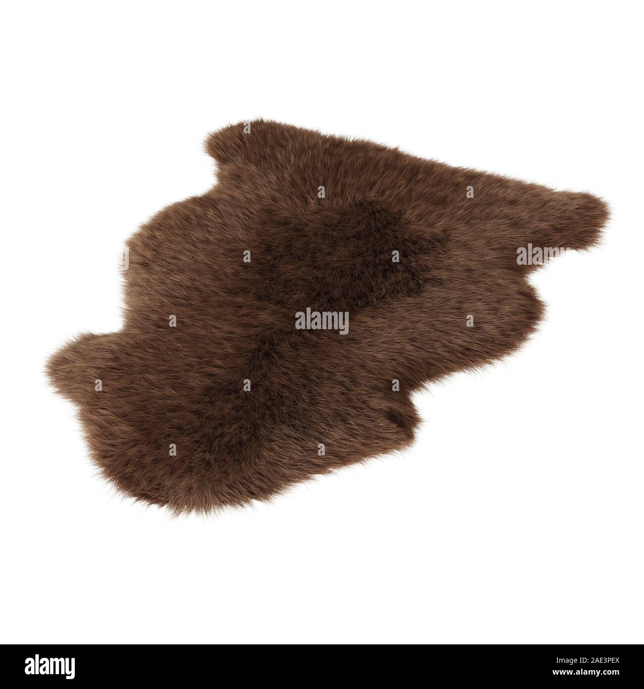 Brown skin of a sheepskin wool rug on white background. 3D rendering ...