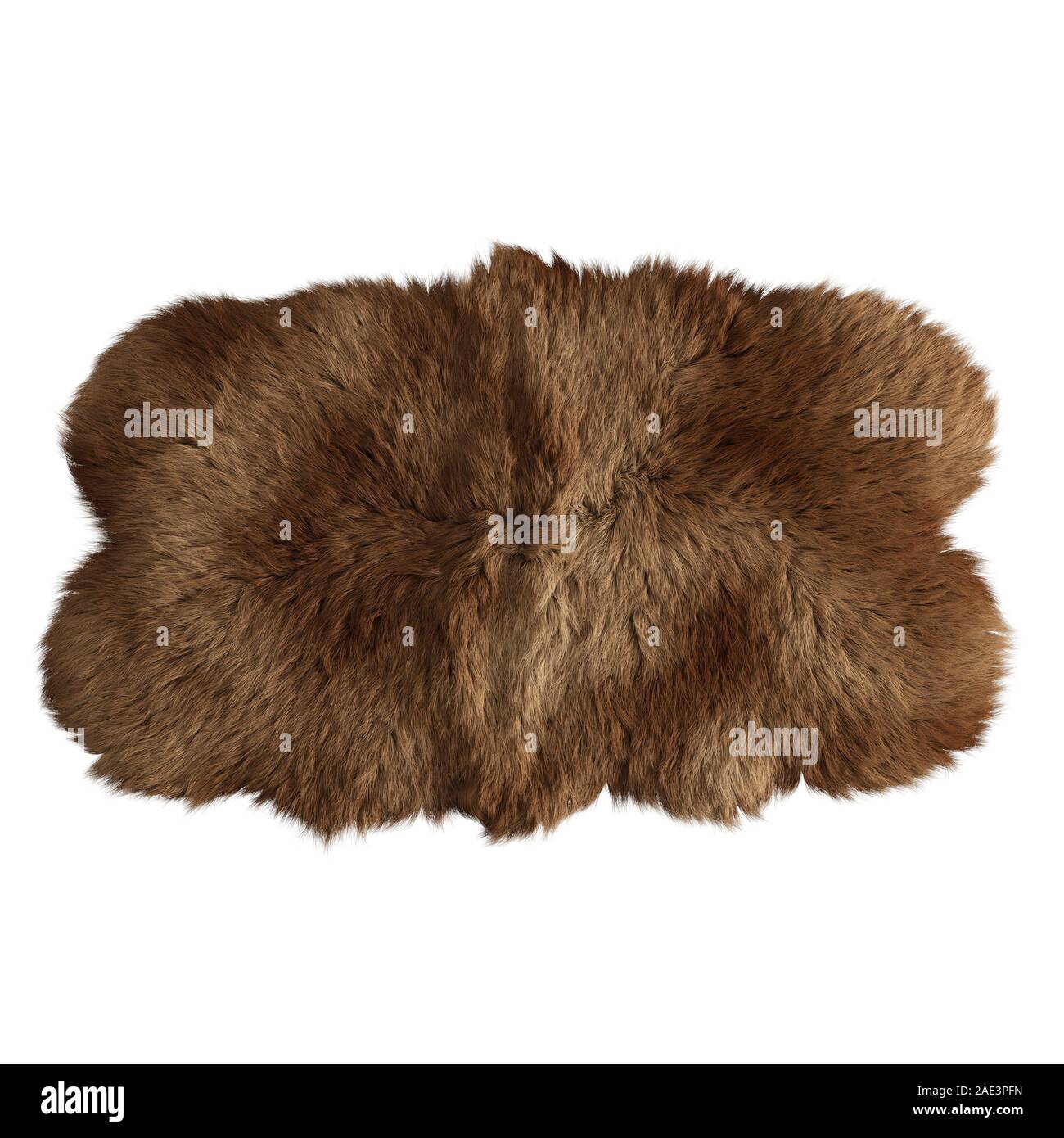 Brown skin of a sheepskin wool rug on white background. 3D rendering ...