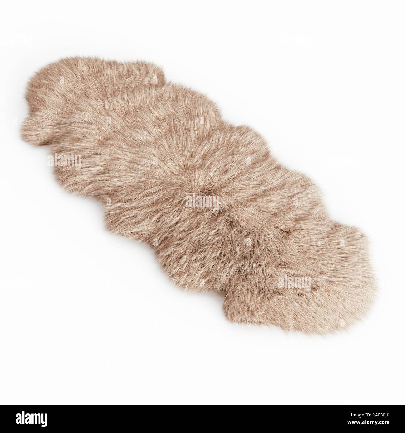 Skin of a sheepskin wool decor rug on white background. 3D rendering ...