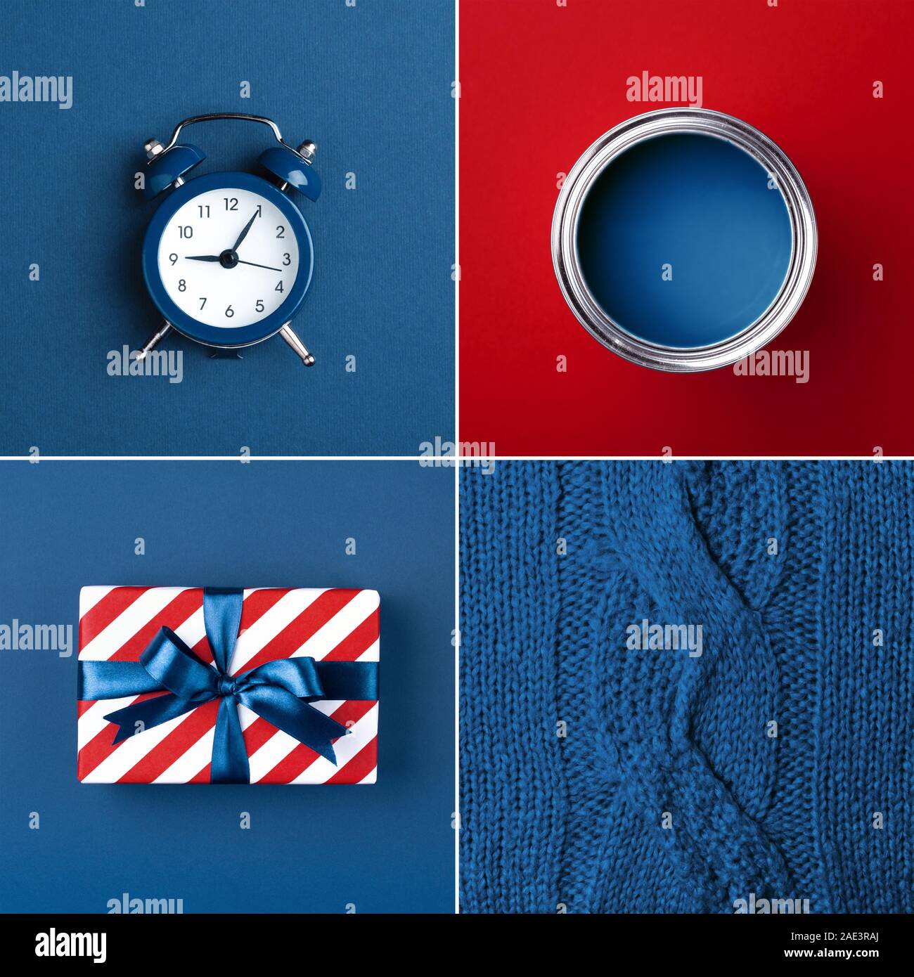 Collage made of four photos from everyday life in which the color blue ...