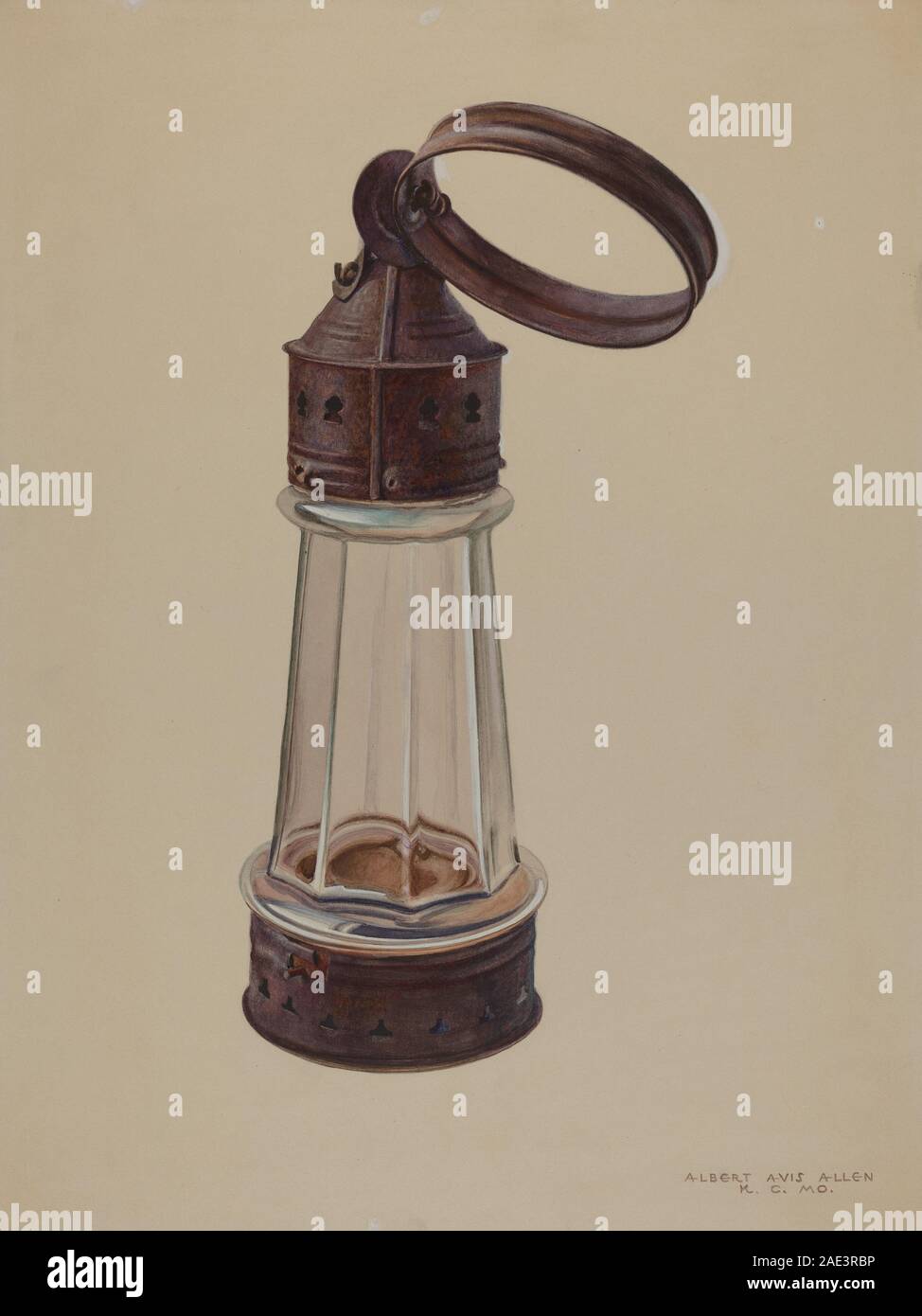 A lantern created circa 1939 by Albert Allen featuring a metal frame ...