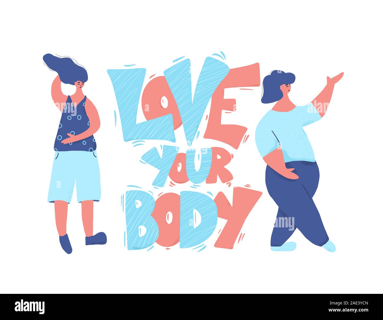 Love your body phrase isolated. Two beautiful women and stylized slogan ...