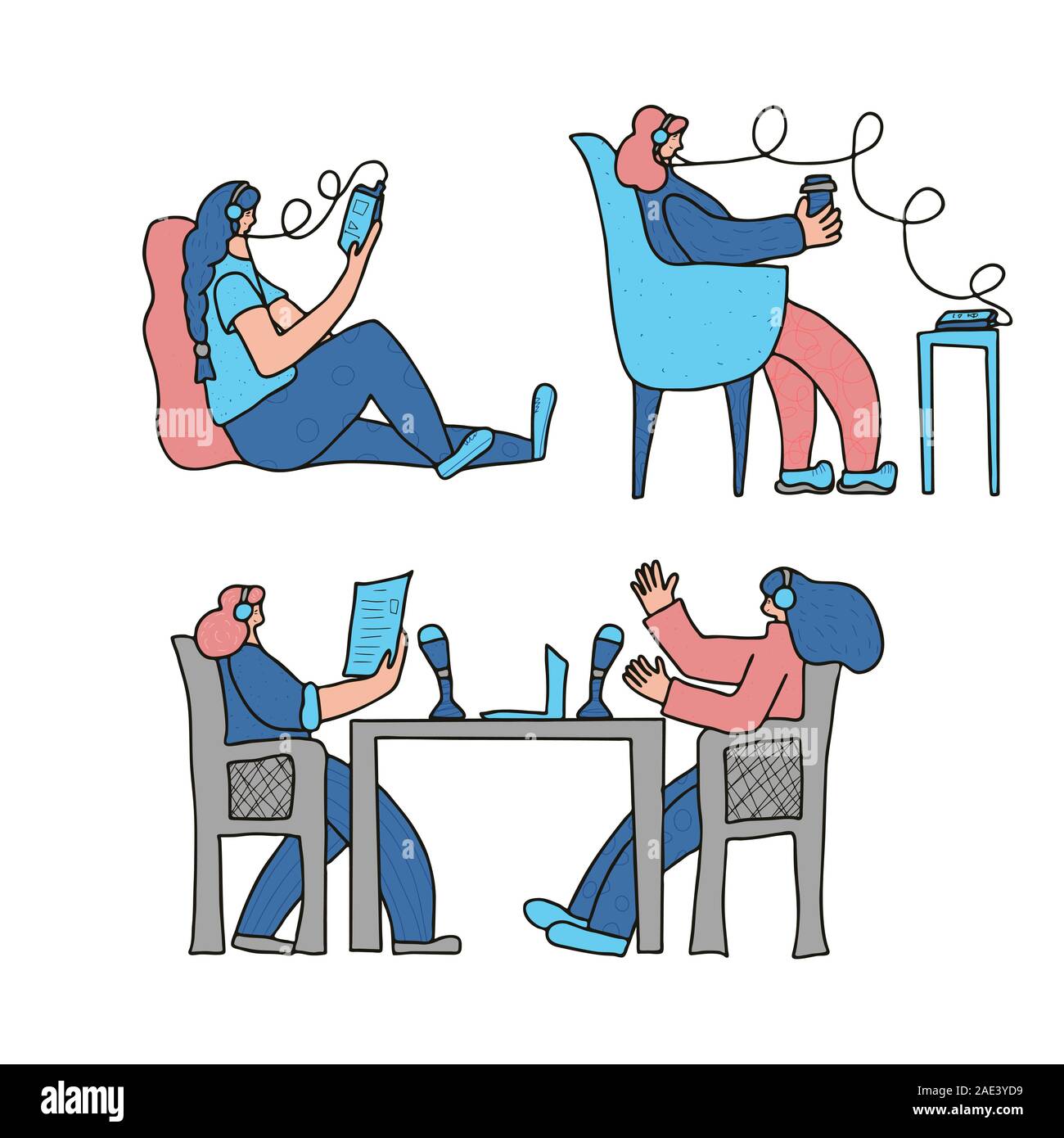 Podcasting scenes. Cute female characters sitting in comfy chairs and ...