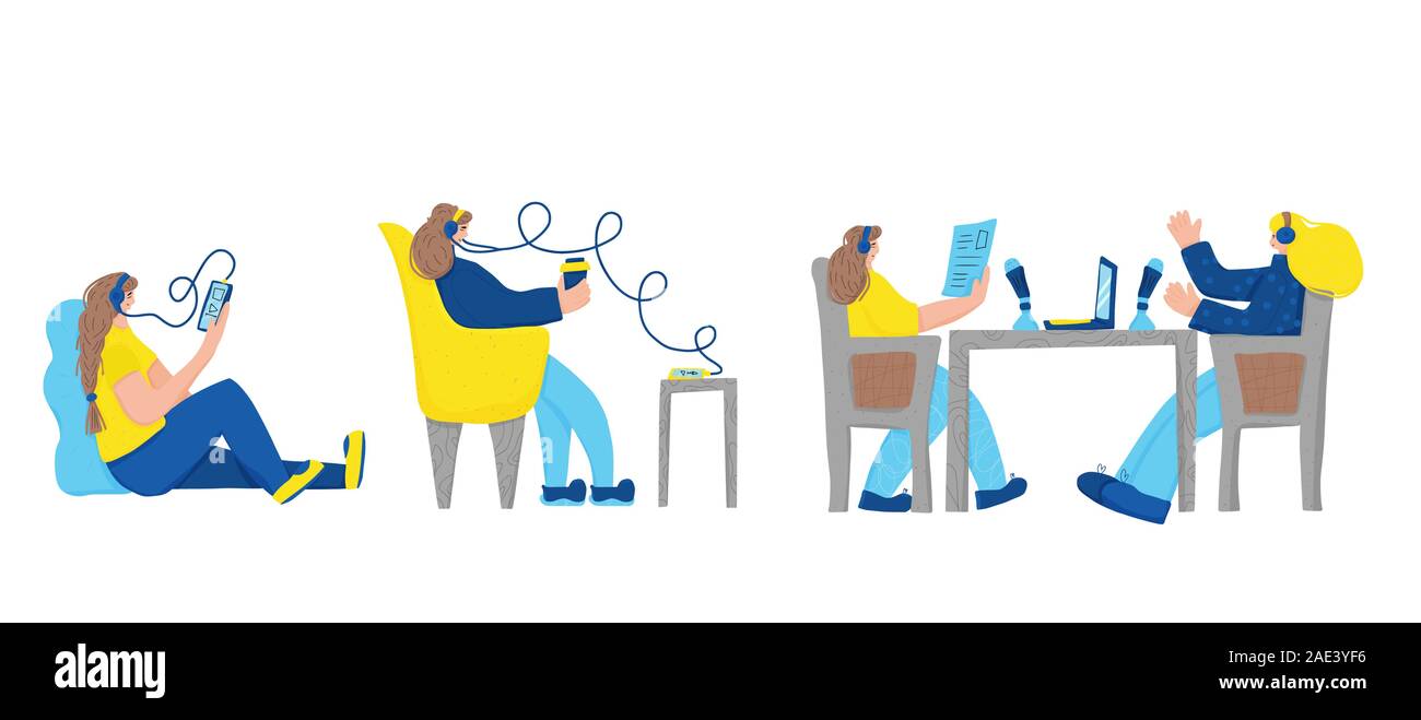 Podcasting scenes set. Cute female characters sitting in comfy chairs ...