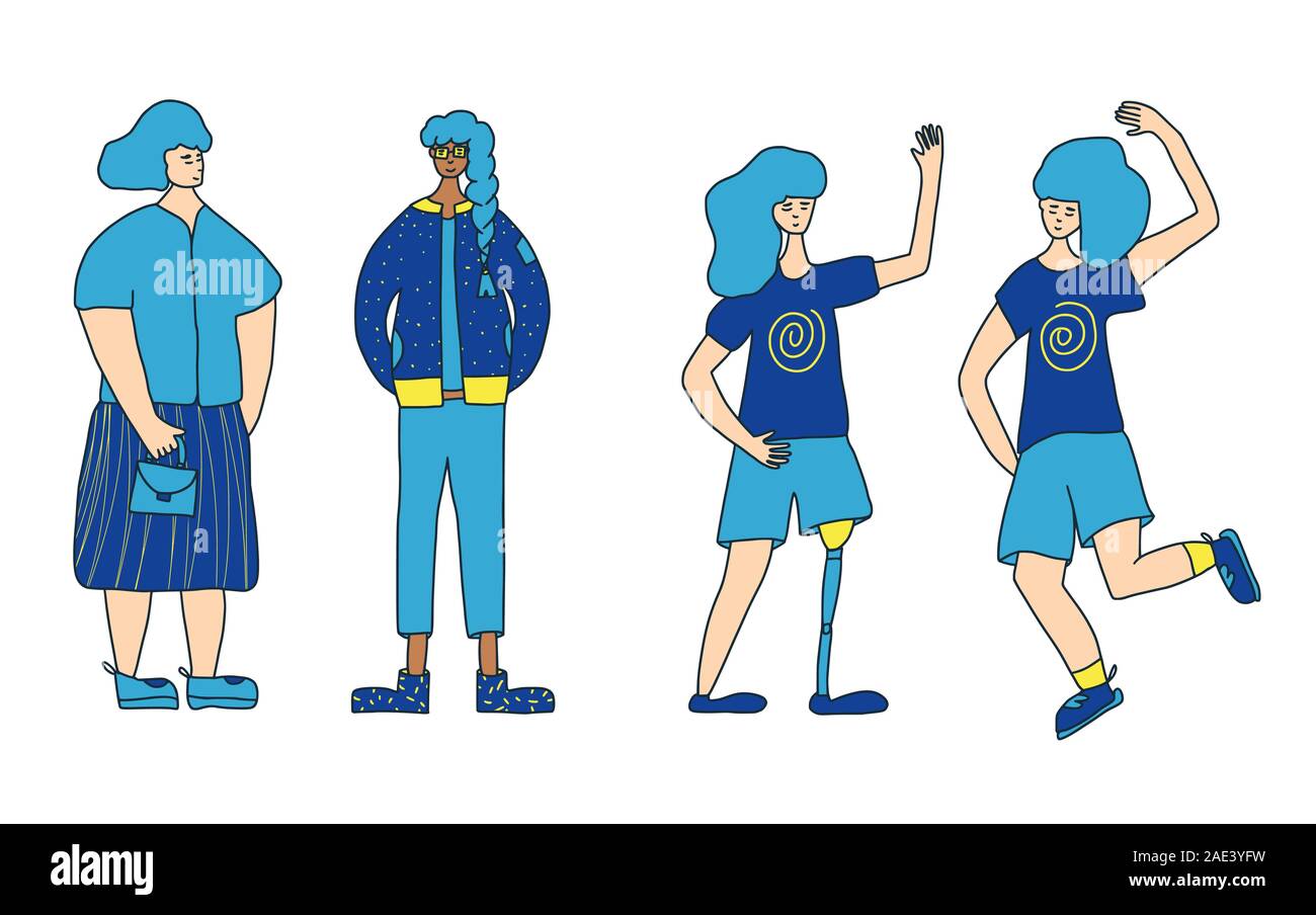 Young female characters group dressed in casual trendy clothes standing ...