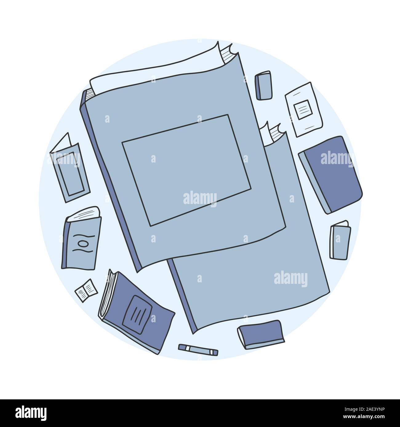 Book set in doodle style. Circle composition with symbols of reading ...